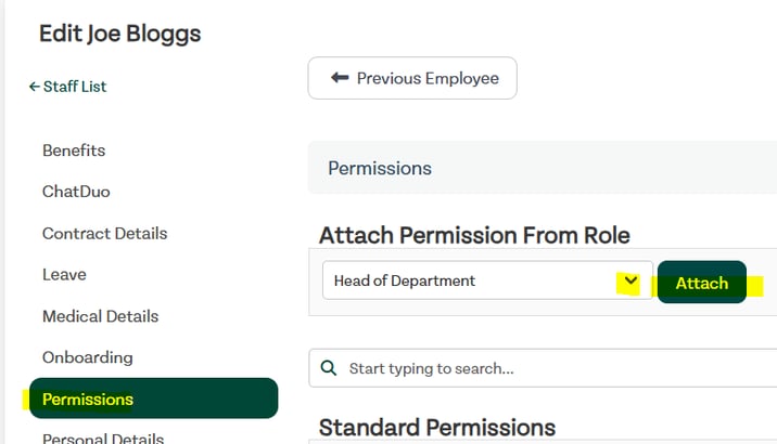 How to assign a Permissions Role to an existing employee